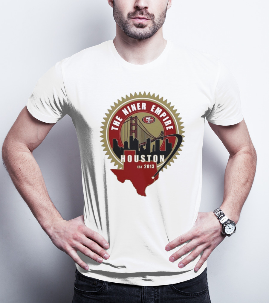 San Francisco 49ers NFL The Niner Empire Houston Est 2013 Golden Gate Bridge Skyline Badge T-Shirt