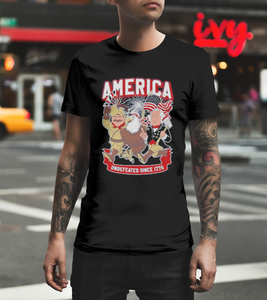 America Undefeated Since 1776 Patriotic Imagery With Eagle Fireworks Flags T-Shirt