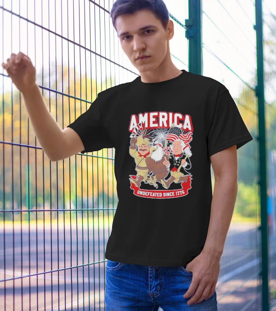 America Undefeated Since 1776 Patriotic Imagery With Eagle Fireworks Flags T-Shirt