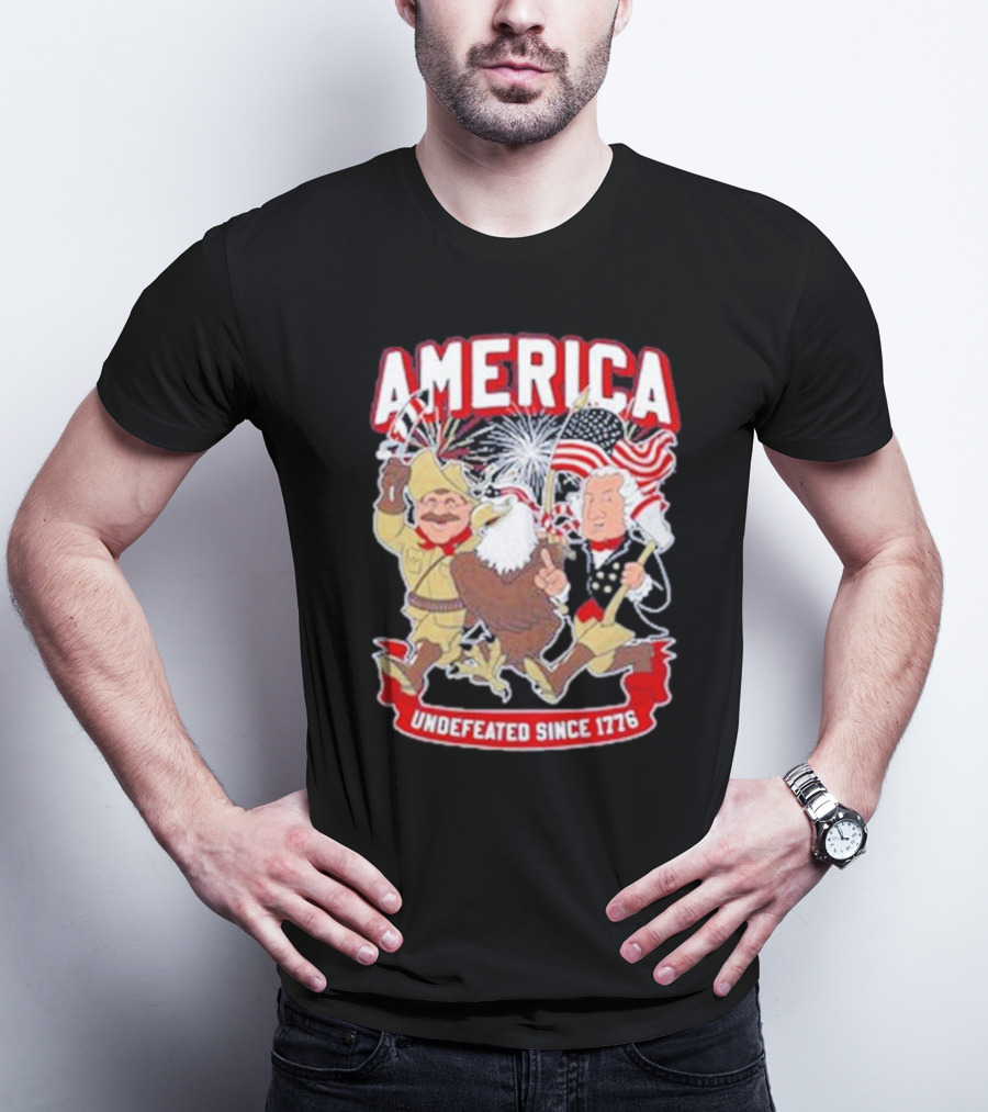America Undefeated Since 1776 Patriotic Imagery With Eagle Fireworks Flags T-Shirt