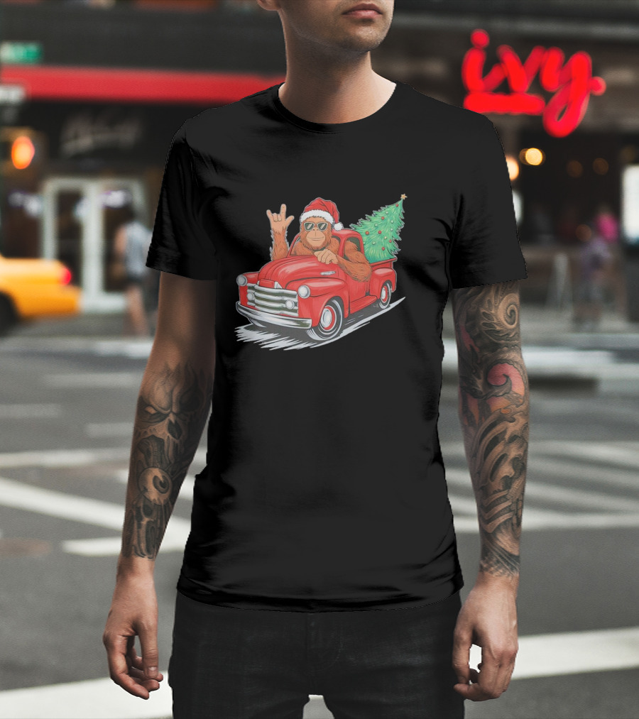 Bigfoot Rock On Santa Hat Christmas Tree Driving Red Truck T-Shirt