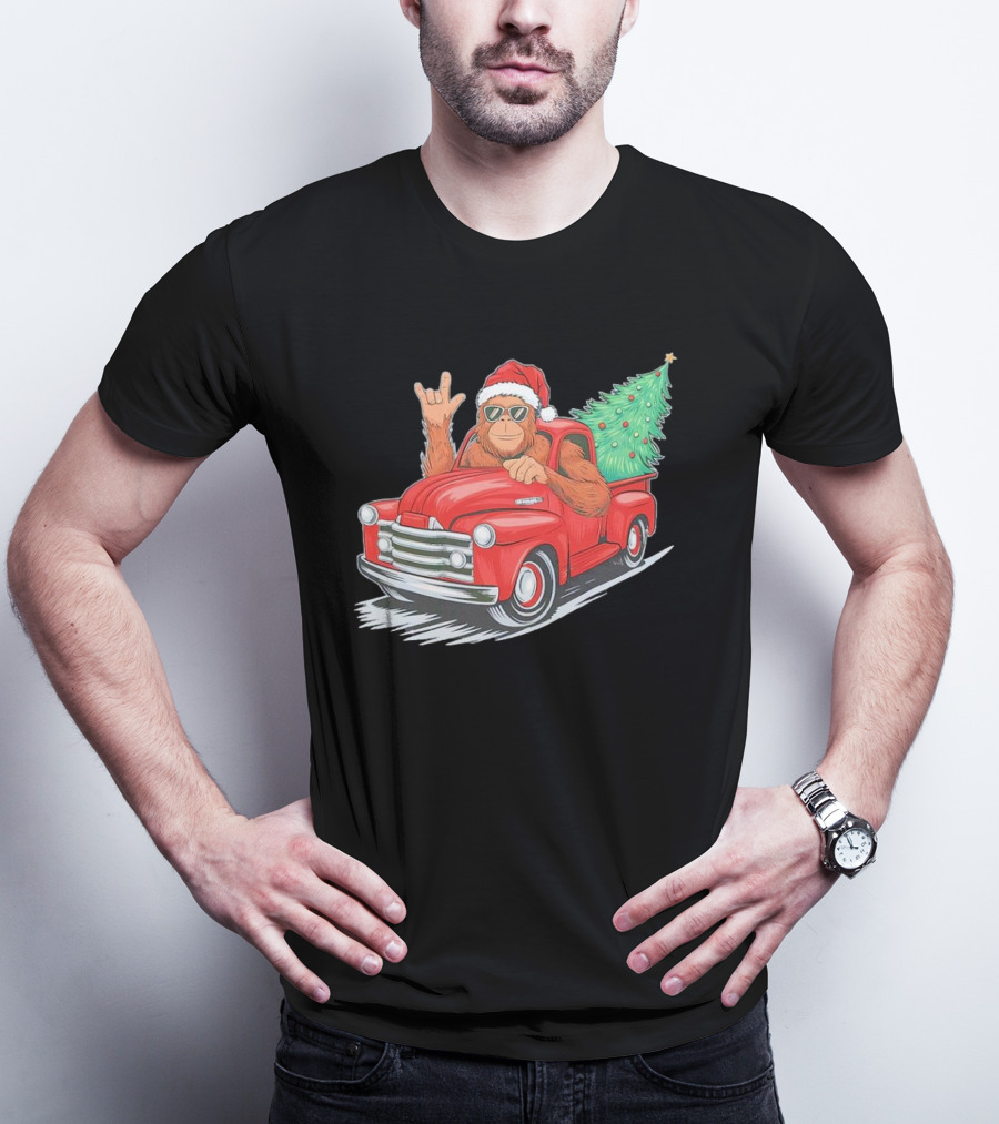 Bigfoot Rock On Santa Hat Christmas Tree Driving Red Truck T-Shirt