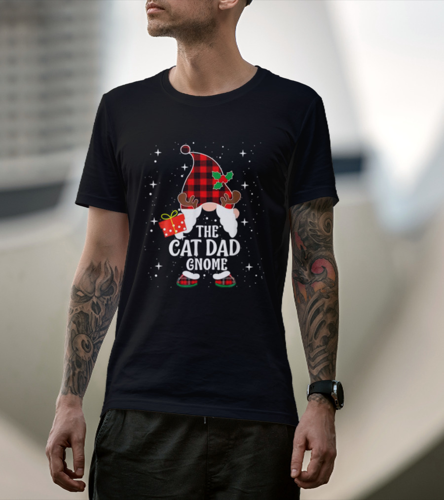 The Cat Dad Gnome Buffalo Plaid Christmas Pajama Matching Family T-Shirt