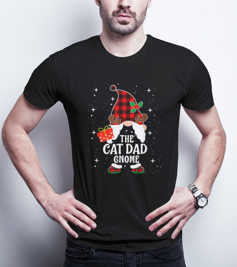 The Cat Dad Gnome Buffalo Plaid Christmas Pajama Matching Family T-Shirt