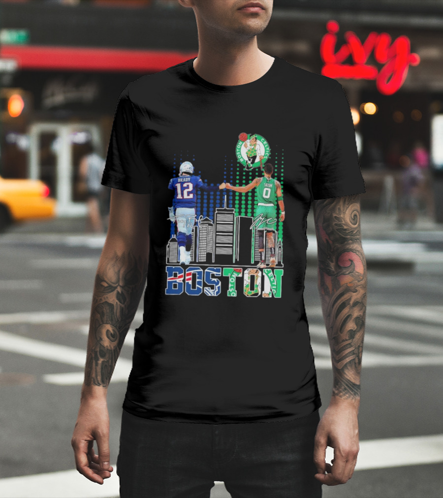 Boston Patriots And Celtics Skyline Featuring Tom Brady And Jayson Tatum Signatures T-Shirt