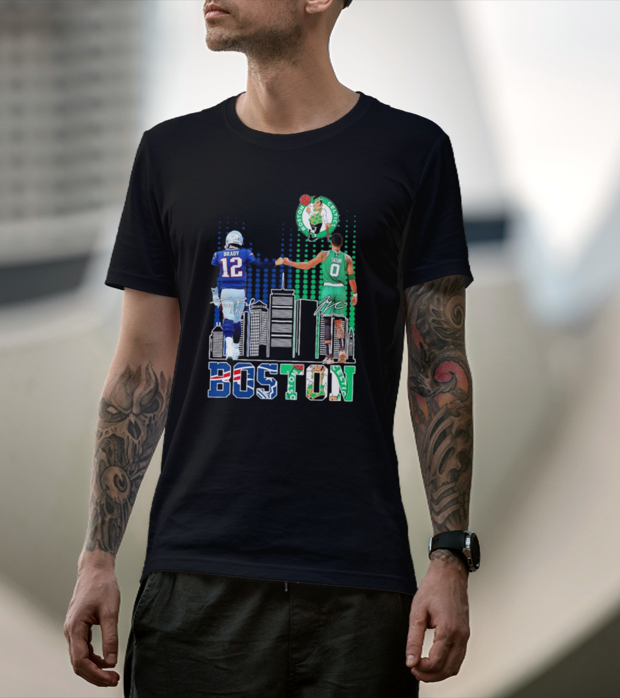 Boston Patriots And Celtics Skyline Featuring Tom Brady And Jayson Tatum Signatures T-Shirt