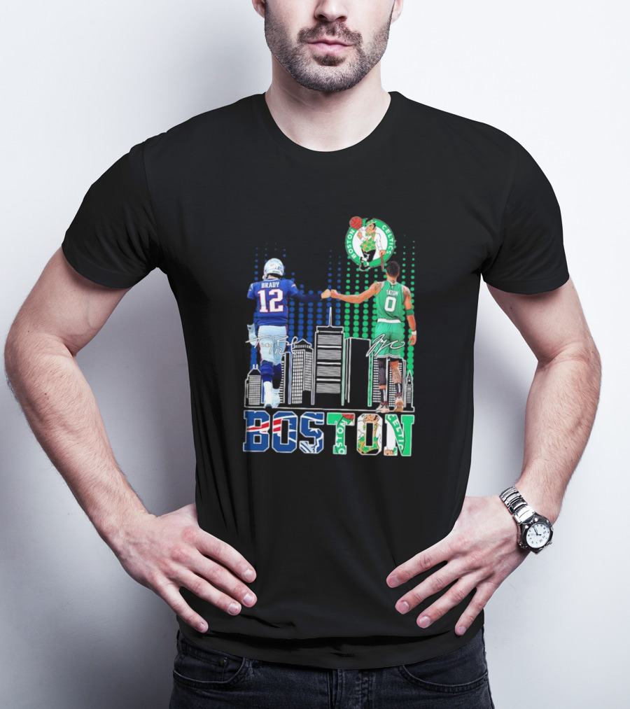 Boston Patriots And Celtics Skyline Featuring Tom Brady And Jayson Tatum Signatures T-Shirt