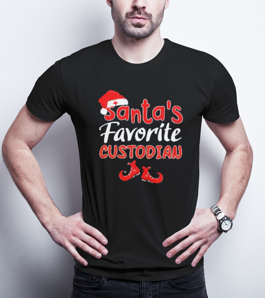 Santa's Favorite Custodian Festive Holiday Santa Hat And Elf Shoes T-Shirt