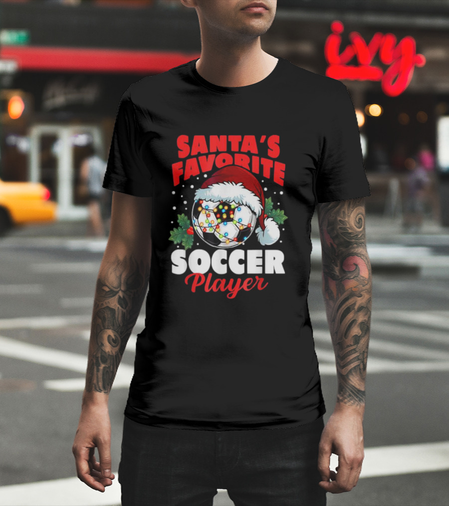 Santa's Favorite Soccer Player Christmas Pajama Xmas Soccer Ball And Santa Hat T-Shirt