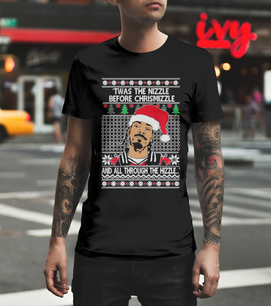 Snoop Dogg Twas The Nizzle Before Chrismizzle Santa Hat Pattern Christmas T-Shirt