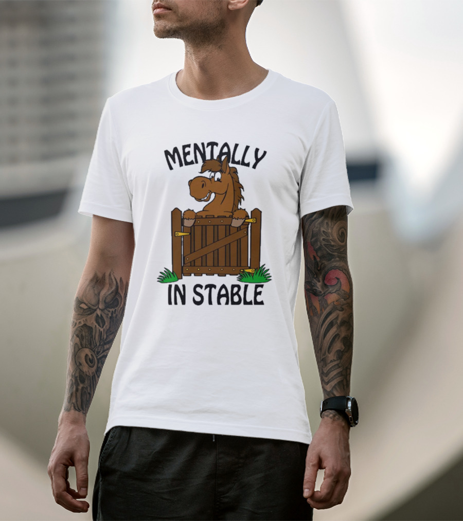 Mentally In Stable Cartoon Horse Gate Humorous T-Shirt