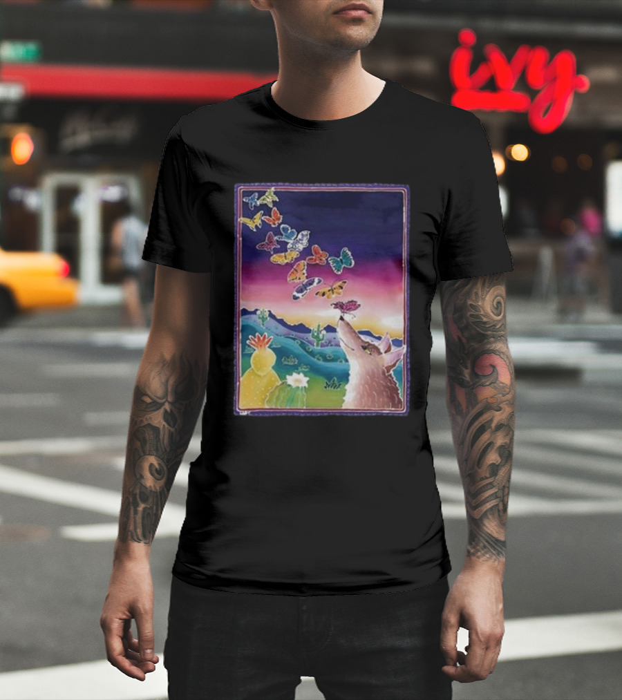 Jimmorris Smiles At Nature’s Wonders Colorful Desert Landscape With Coyote And Butterflies T-Shirt