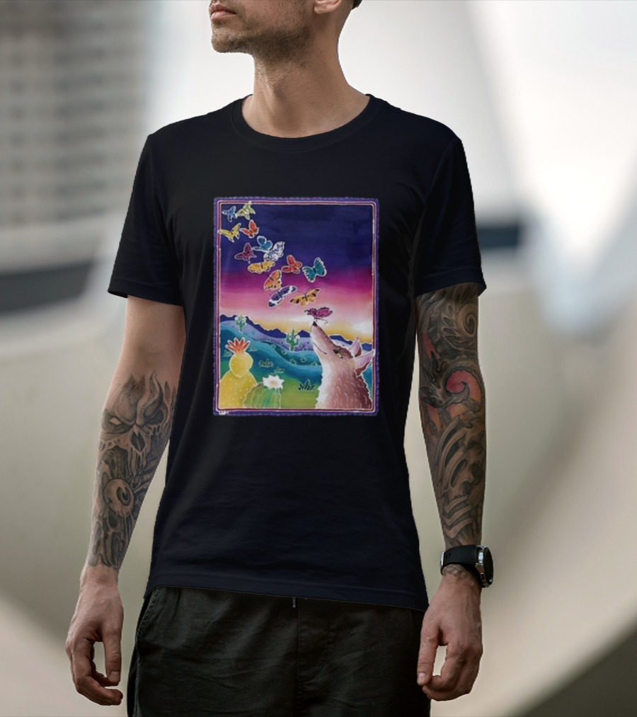 Jimmorris Smiles At Nature’s Wonders Colorful Desert Landscape With Coyote And Butterflies T-Shirt