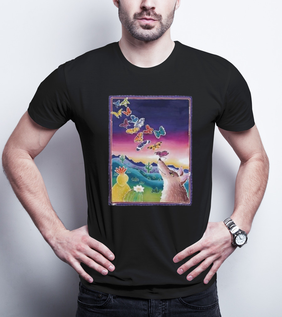 Jimmorris Smiles At Nature’s Wonders Colorful Desert Landscape With Coyote And Butterflies T-Shirt
