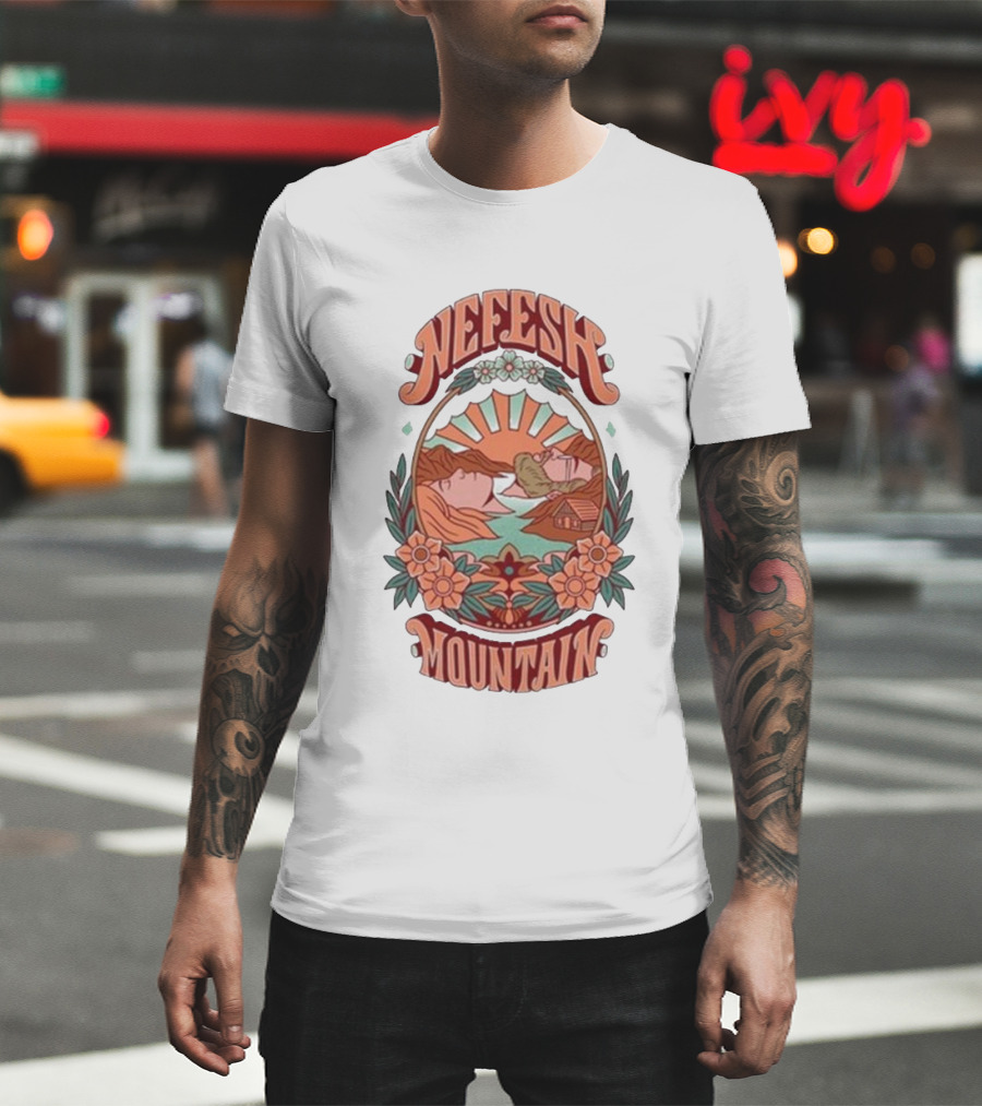 Nefesh Mountain Sunrise Scene With Cabin And Flowers T-Shirt