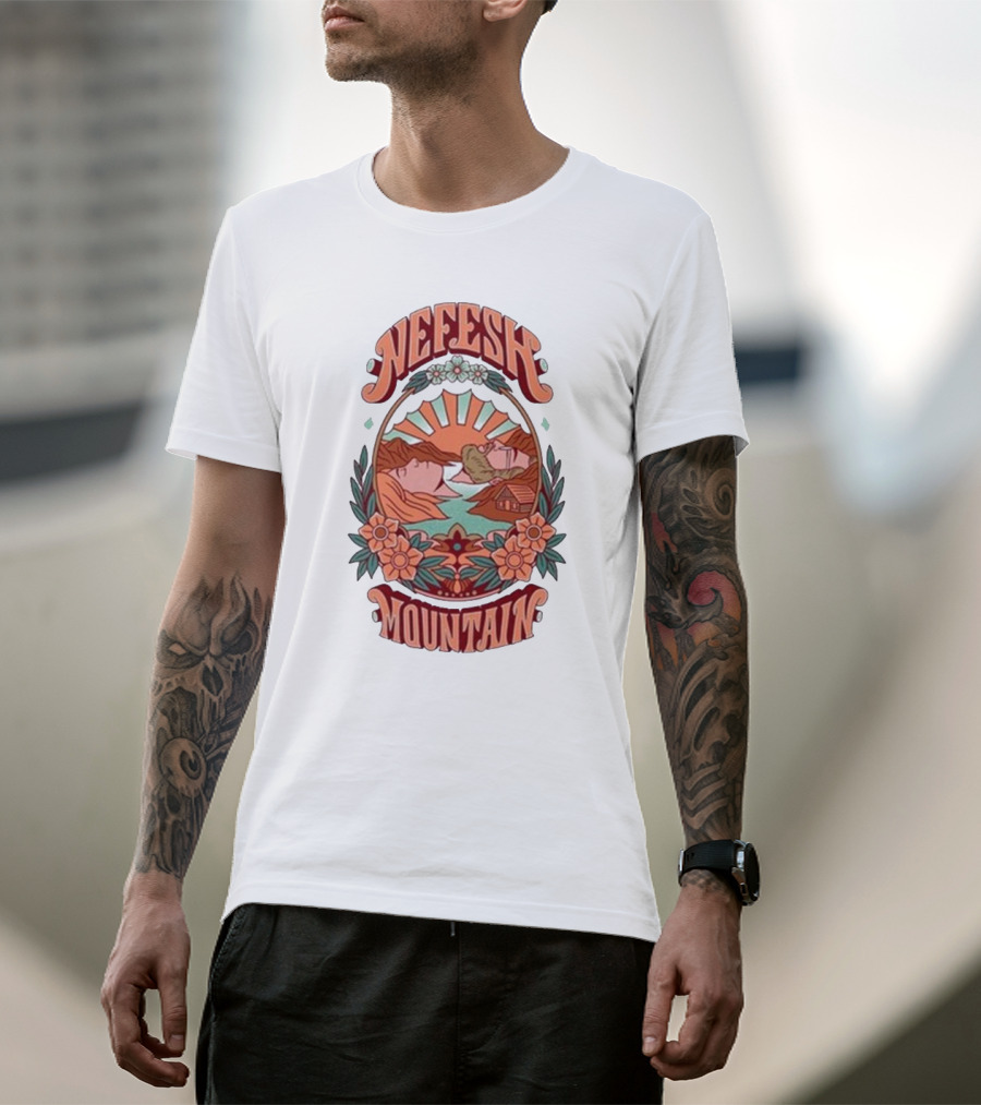 Nefesh Mountain Sunrise Scene With Cabin And Flowers T-Shirt