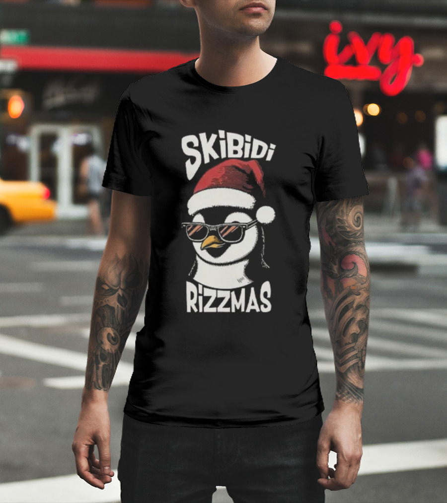 Skibidi Rizzmas Christmas Penguin With Santa Hat And Sunglasses T-Shirt