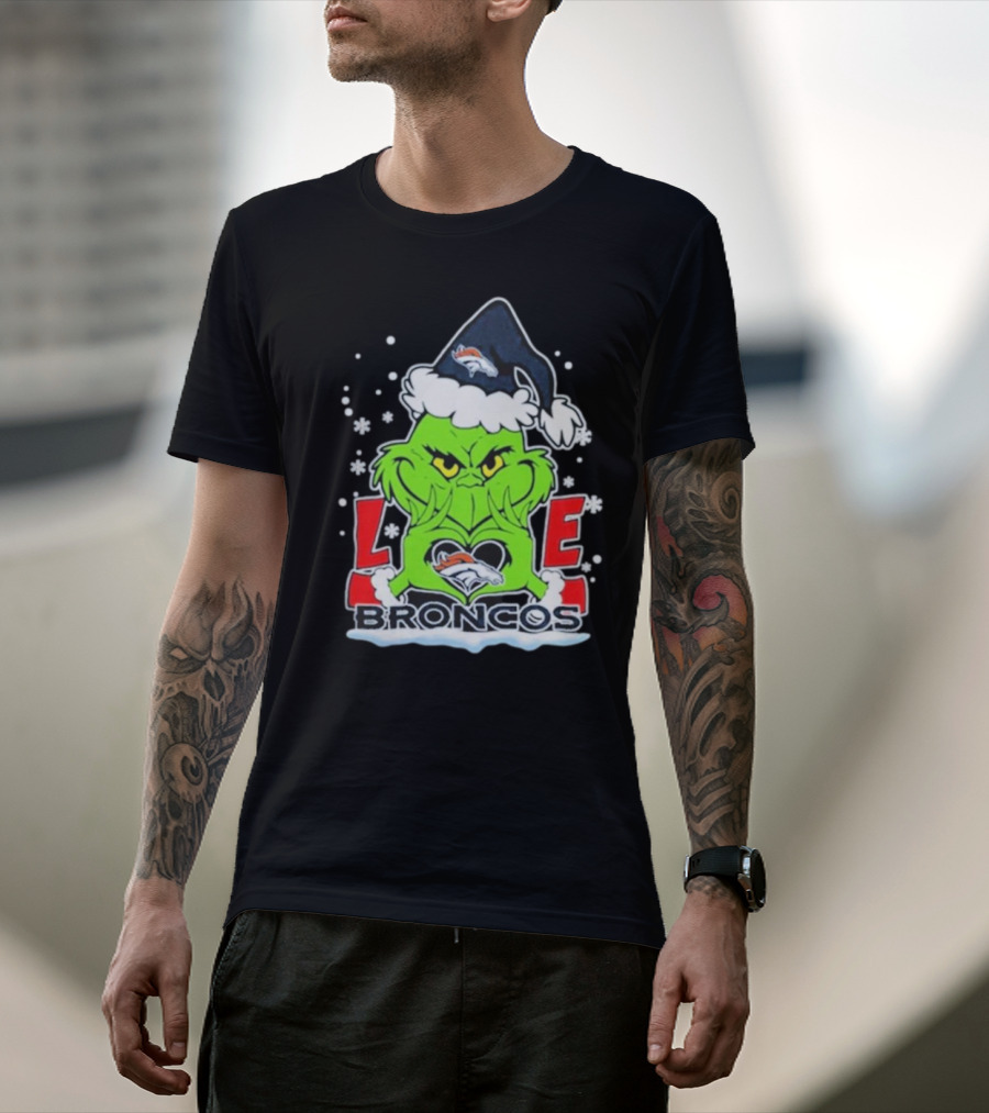 The Grinch Love Denver Broncos Christmas Football T-Shirt