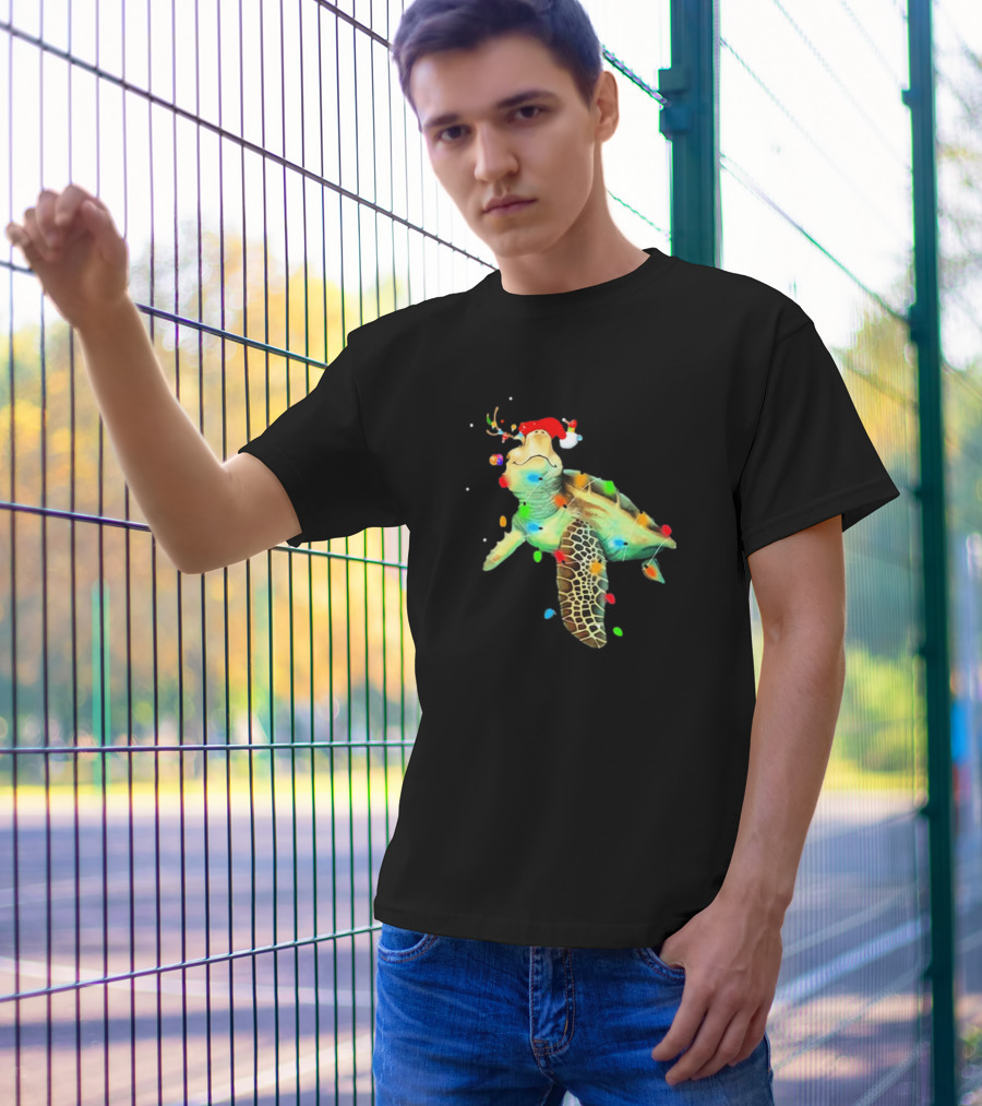 Sea Turtle Christmas Lights Santa Hat Merry Christmas T-Shirt