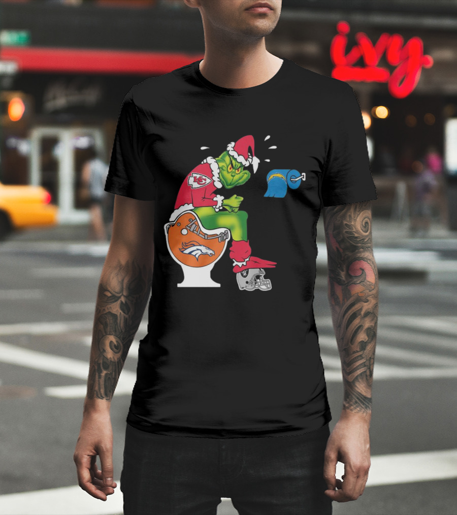 The Grinch On Toilet Kansas City Chiefs, Denver Broncos, Oakland Raiders, Chargers Christmas T-Shirt