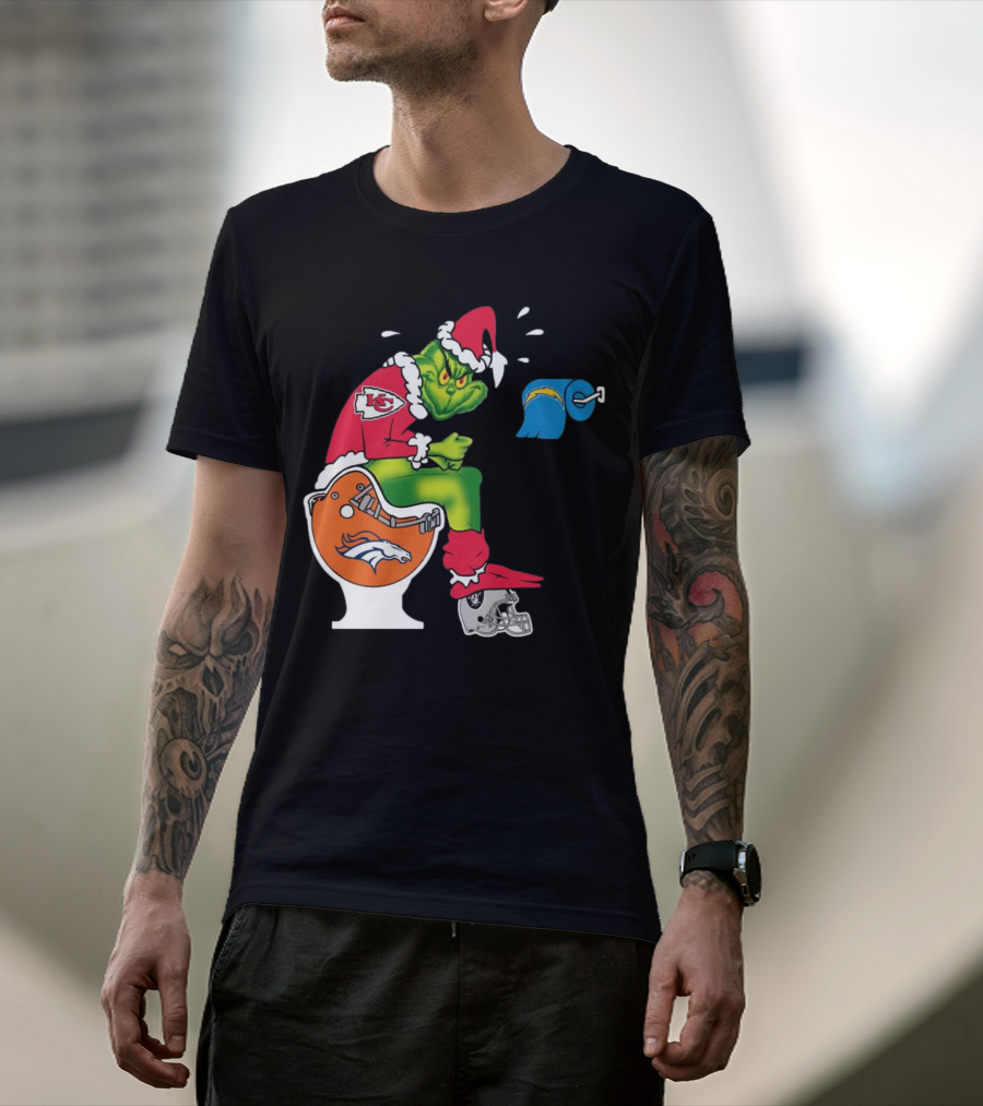 The Grinch On Toilet Kansas City Chiefs, Denver Broncos, Oakland Raiders, Chargers Christmas T-Shirt