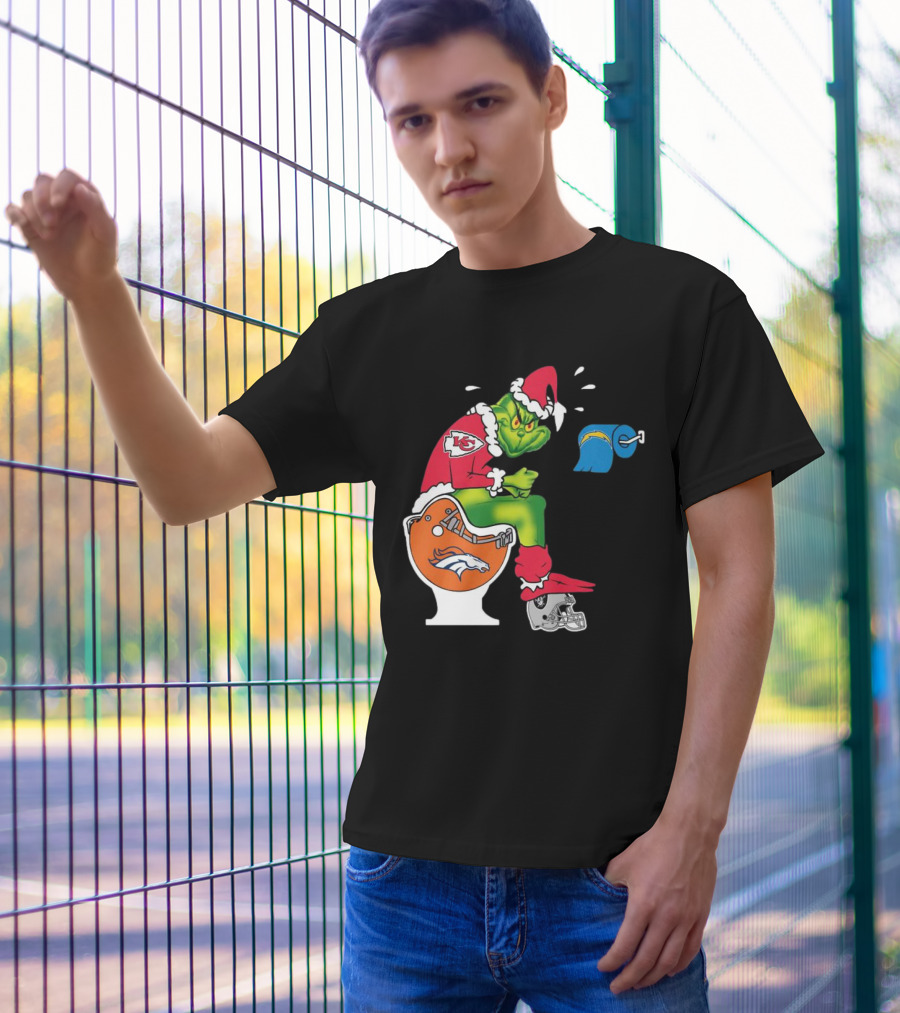 The Grinch On Toilet Kansas City Chiefs, Denver Broncos, Oakland Raiders, Chargers Christmas T-Shirt