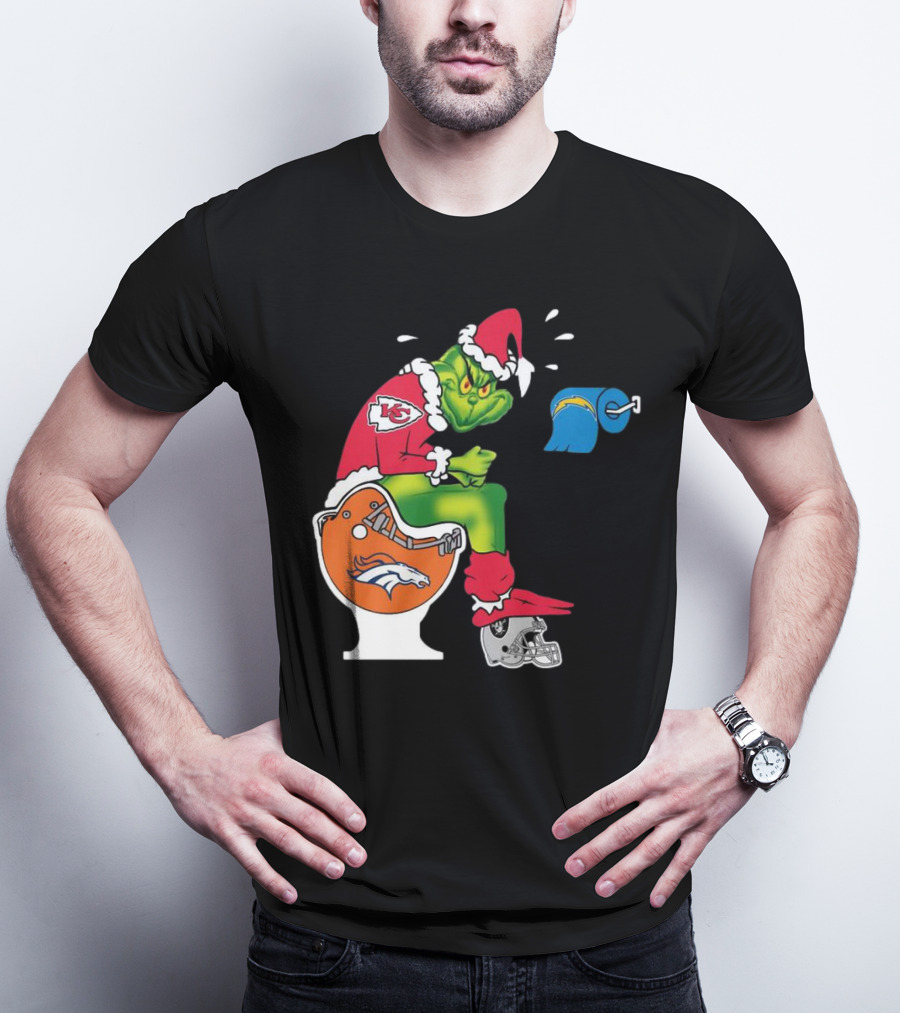 The Grinch On Toilet Kansas City Chiefs, Denver Broncos, Oakland Raiders, Chargers Christmas T-Shirt