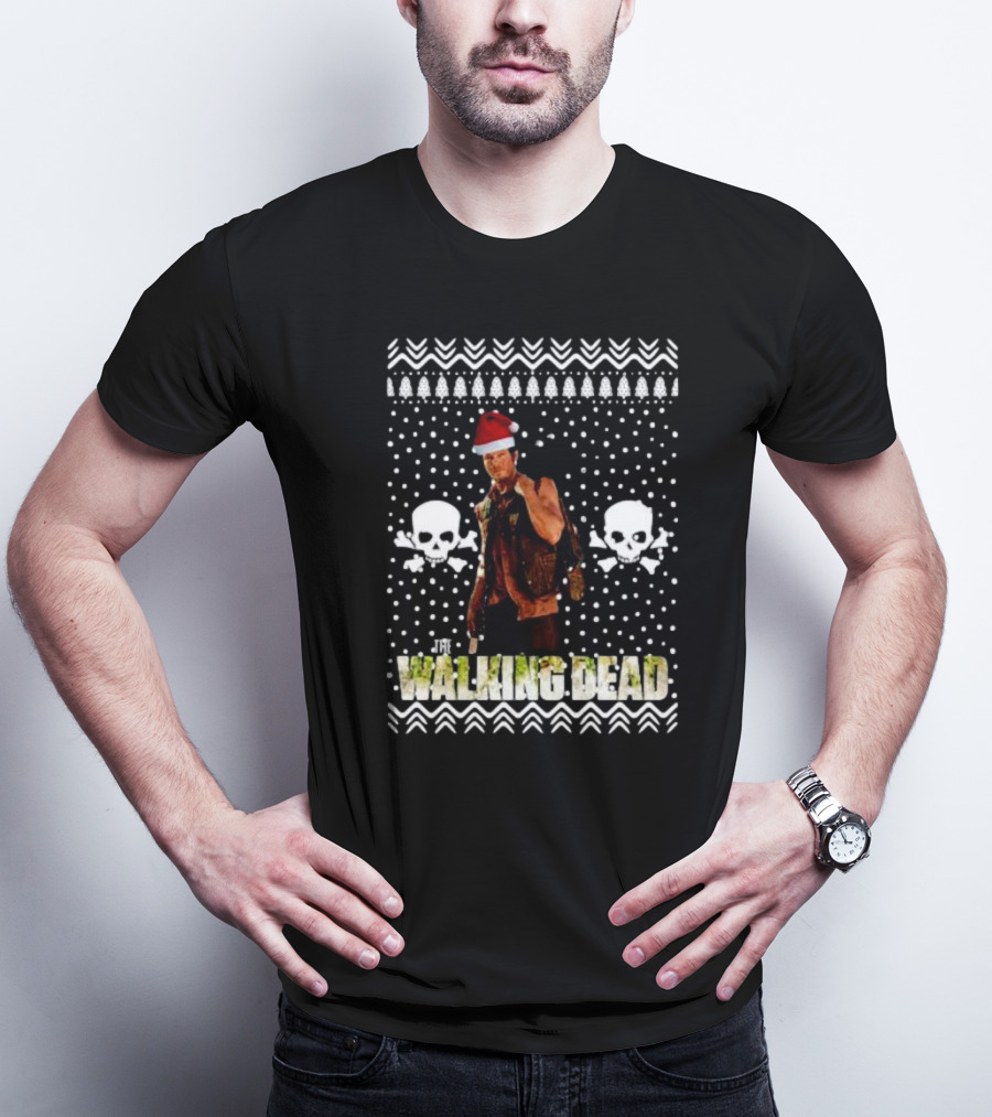 The Walking Dead Daryl Dixon Santa Hat Ugly Christmas Skulls T-Shirt