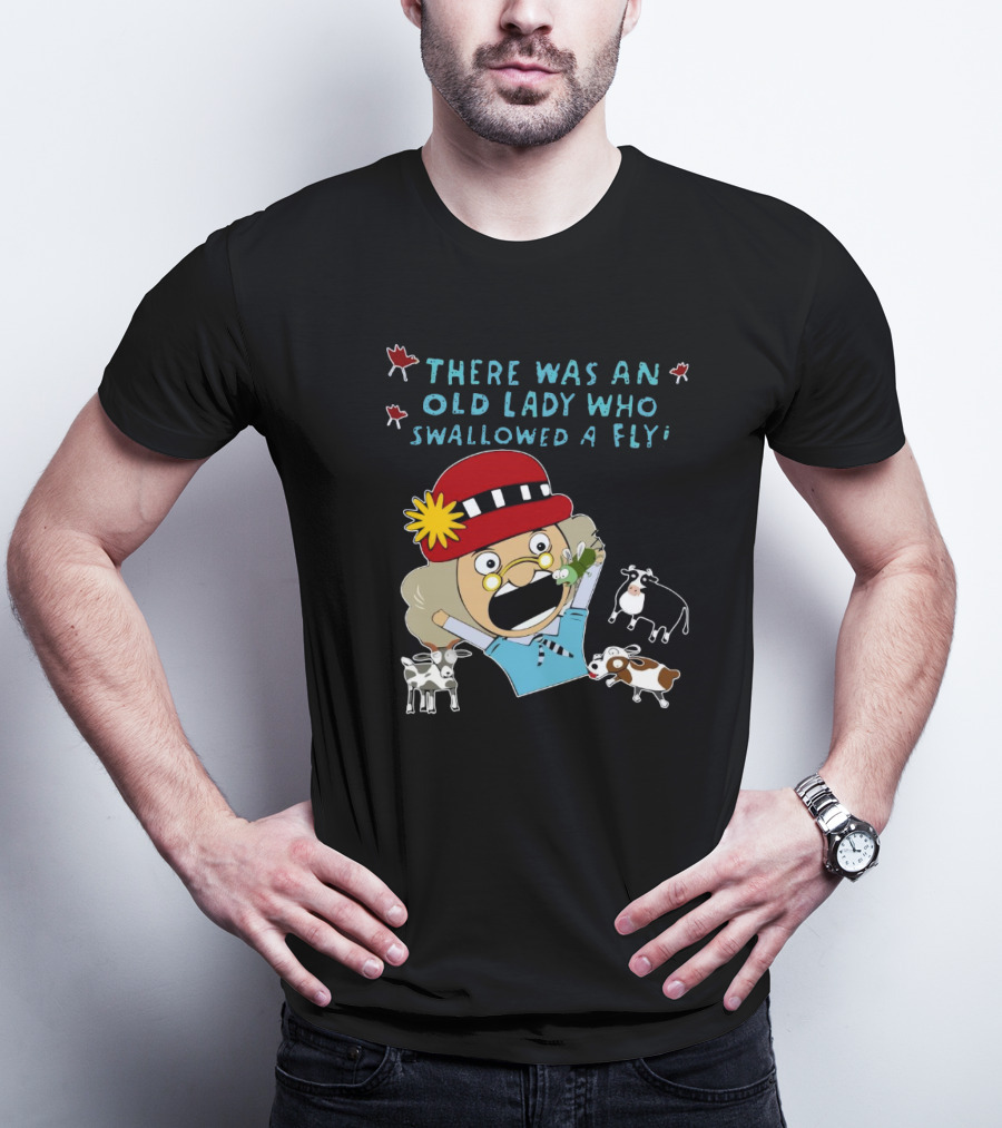 There Was An Old Lady Who Swallowed A Fly Black Funny Cartoon With Animals T-Shirt