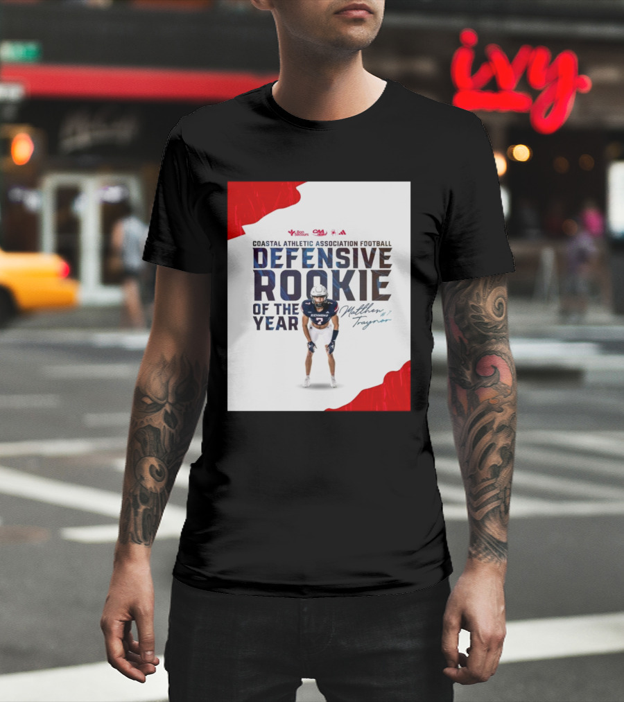 Coastal Athletic Association Football Defensive Rookie Of The Year Matthew Traynor Signature Richmond #2 Red Blue White Football Graphics T-Shirt