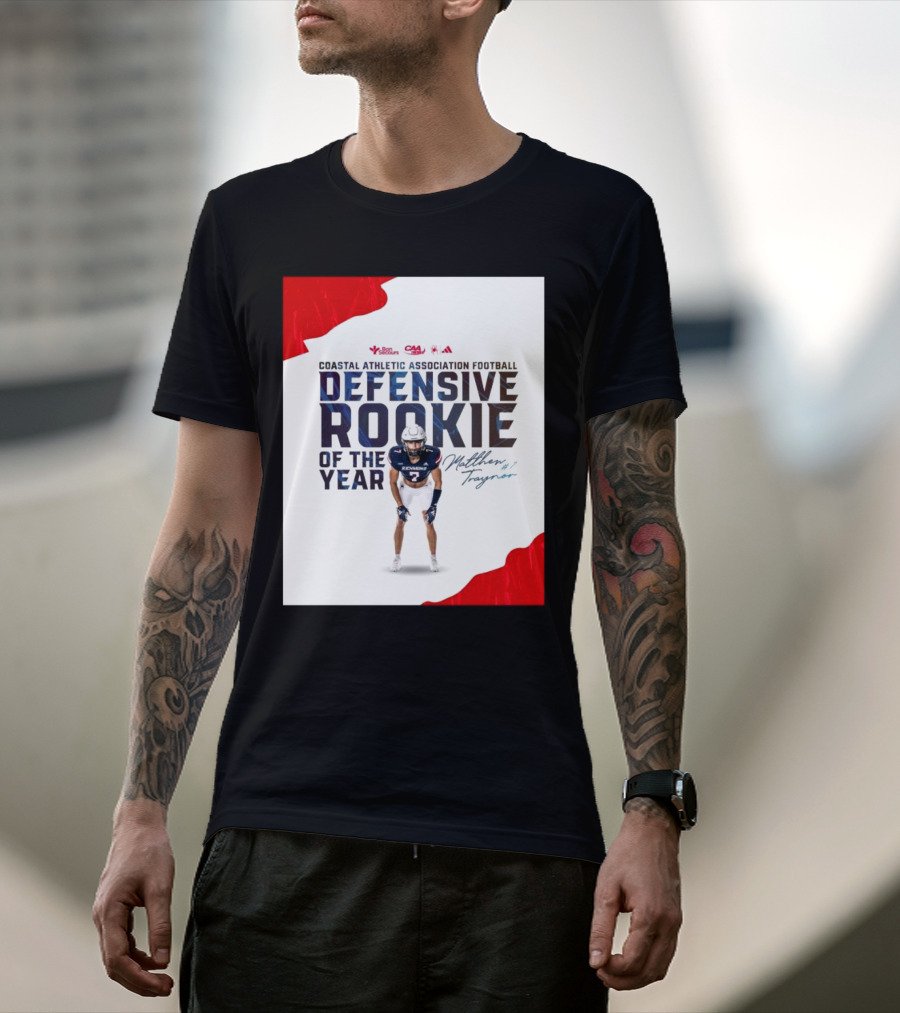 Coastal Athletic Association Football Defensive Rookie Of The Year Matthew Traynor Signature Richmond #2 Red Blue White Football Graphics T-Shirt