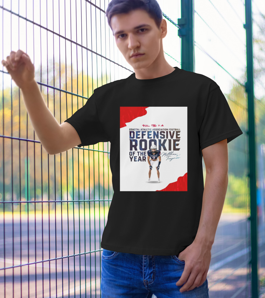 Coastal Athletic Association Football Defensive Rookie Of The Year Matthew Traynor Signature Richmond #2 Red Blue White Football Graphics T-Shirt