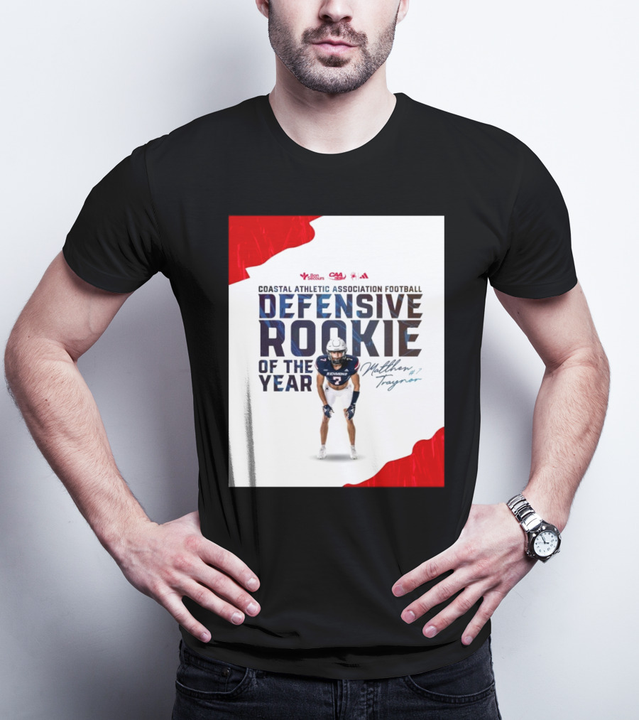Coastal Athletic Association Football Defensive Rookie Of The Year Matthew Traynor Signature Richmond #2 Red Blue White Football Graphics T-Shirt