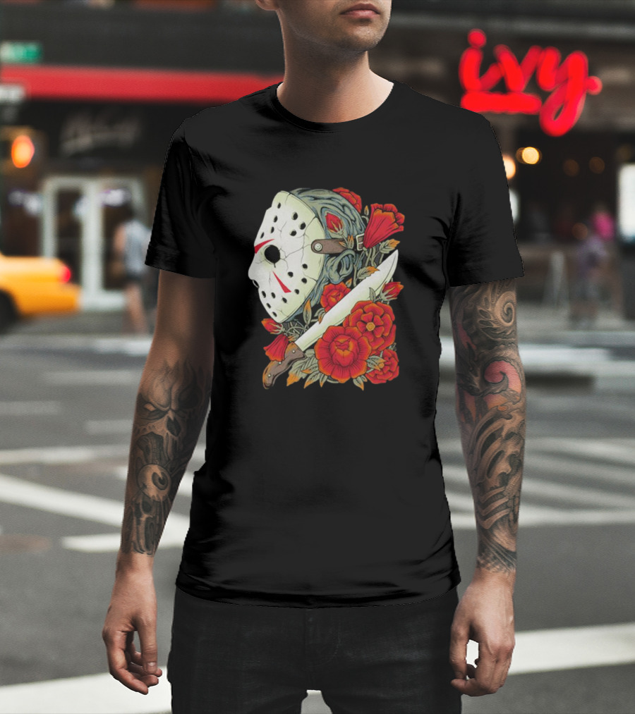 Crystal Lake Counselor Camp Mask Floral Knife T-Shirt