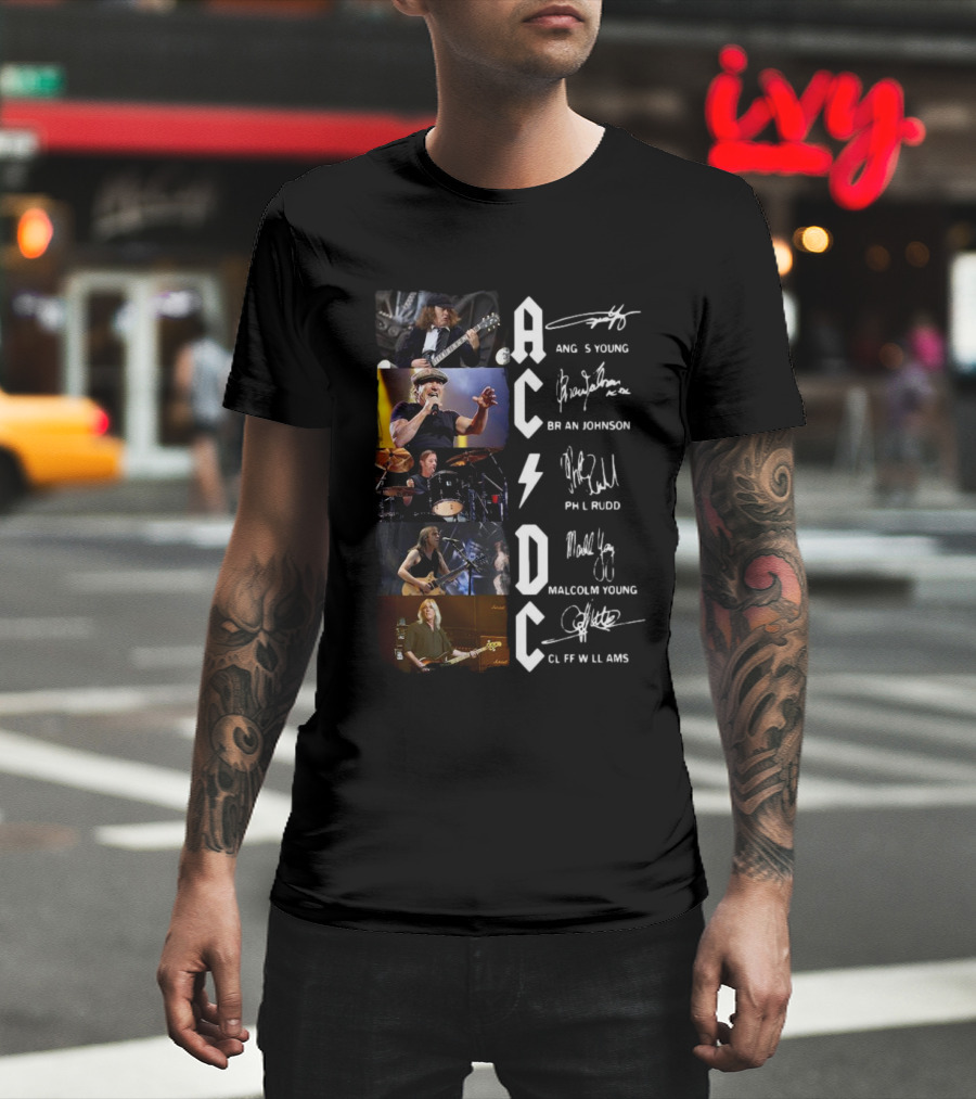 AC DC Angus Young Brian Johnson Phil Rudd Malcolm Young Cliff Williams Signatures Photos T-Shirt