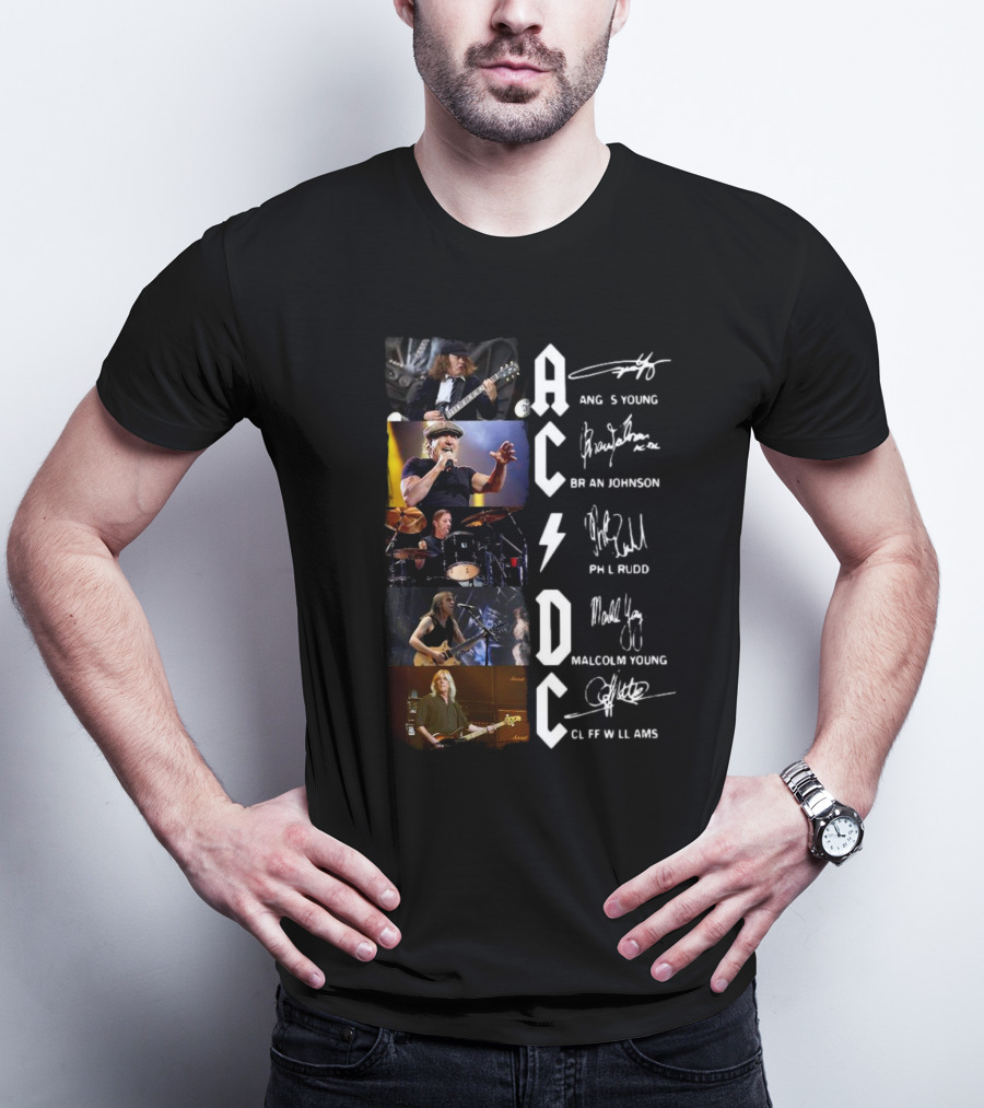 AC DC Angus Young Brian Johnson Phil Rudd Malcolm Young Cliff Williams Signatures Photos T-Shirt