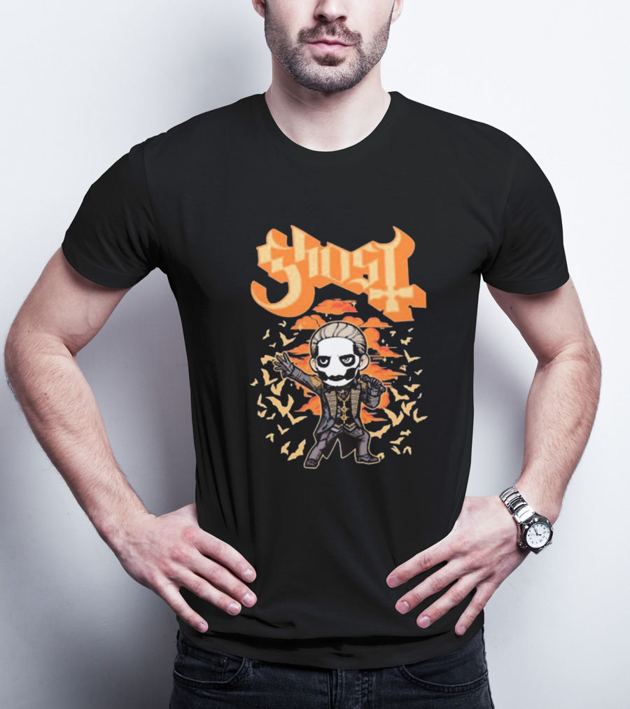 Ghost Band Chibi Style Character With Orange Background And Bats T-Shirt