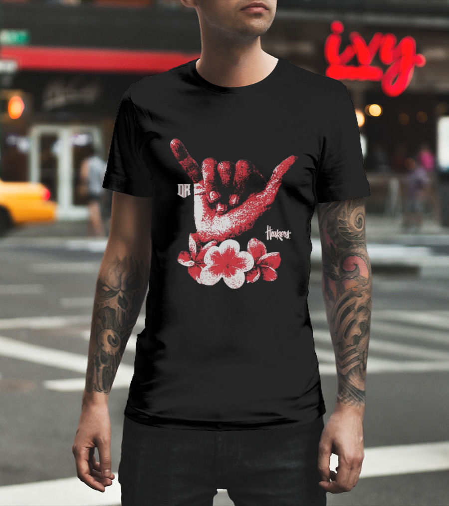 DR Huskers Shaka Hand Red And White Flowers T-Shirt