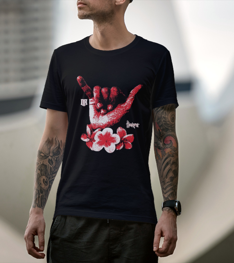 DR Huskers Shaka Hand Red And White Flowers T-Shirt