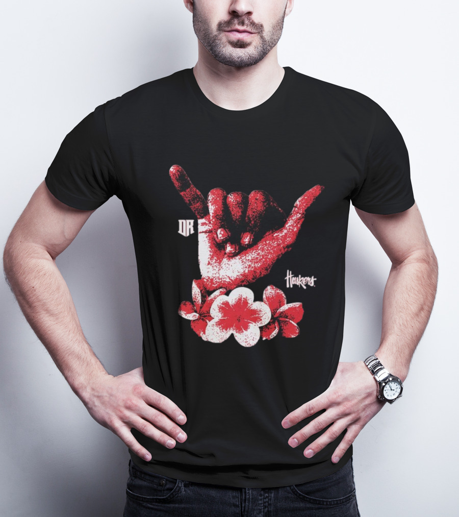 DR Huskers Shaka Hand Red And White Flowers T-Shirt