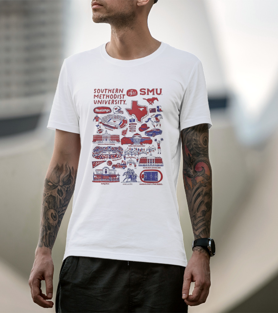 Southern Methodist University SMU Mustangs Est 1911 Vive La Fete Impressions Dallas Iconic Landmarks T-Shirt