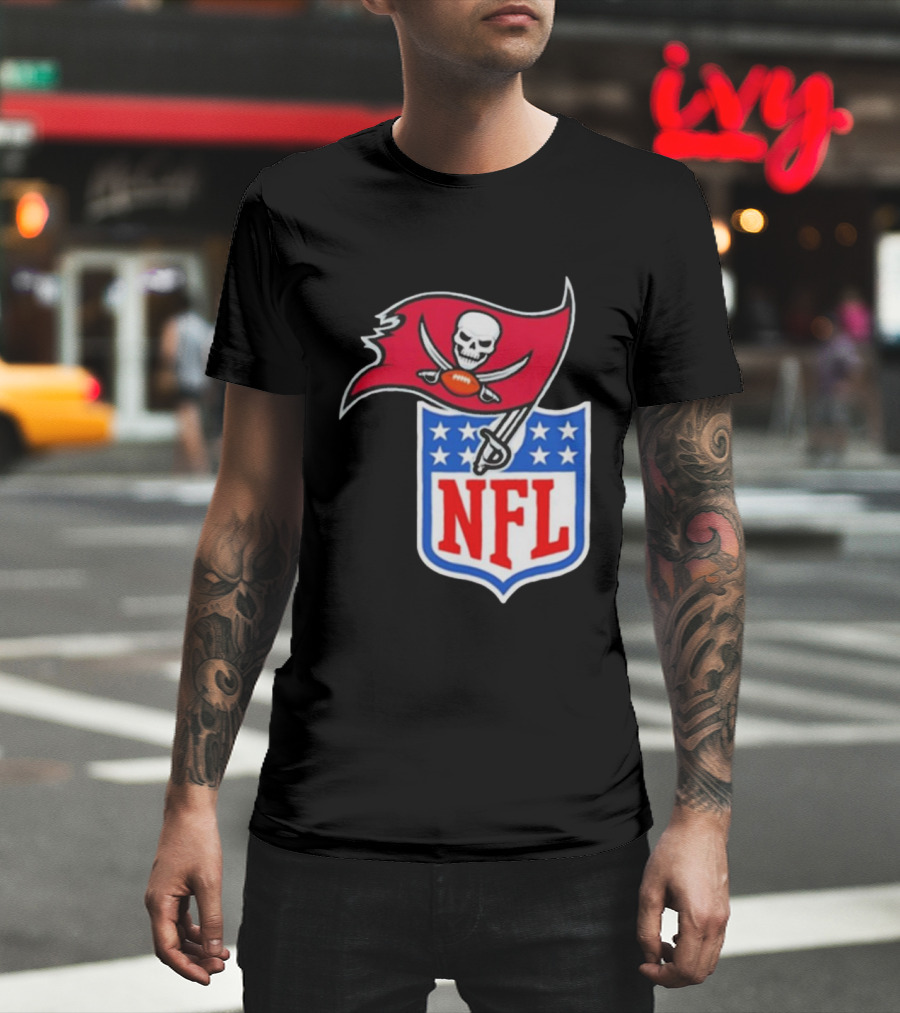 Tampa Bay Buccaneers NFL Collaboration Logo With Pirate Flag And Shield T-Shirt