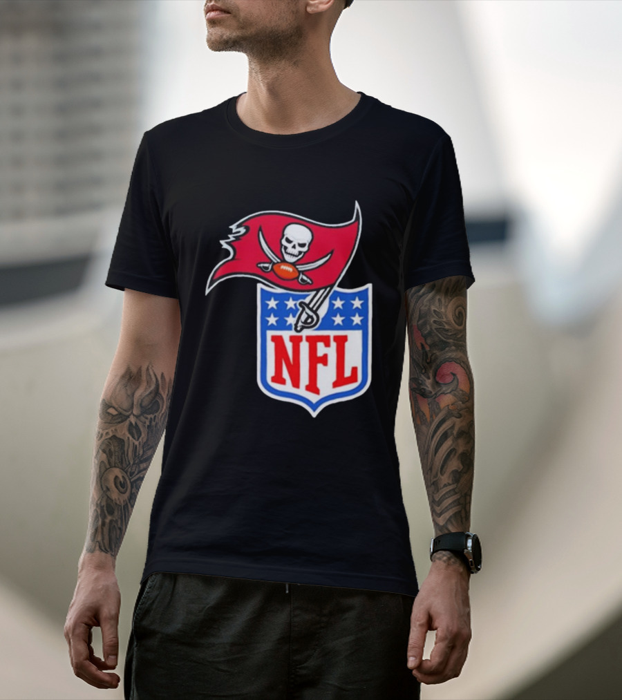 Tampa Bay Buccaneers NFL Collaboration Logo With Pirate Flag And Shield T-Shirt