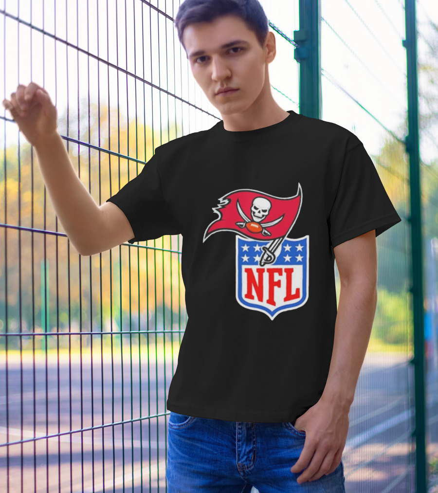 Tampa Bay Buccaneers NFL Collaboration Logo With Pirate Flag And Shield T-Shirt