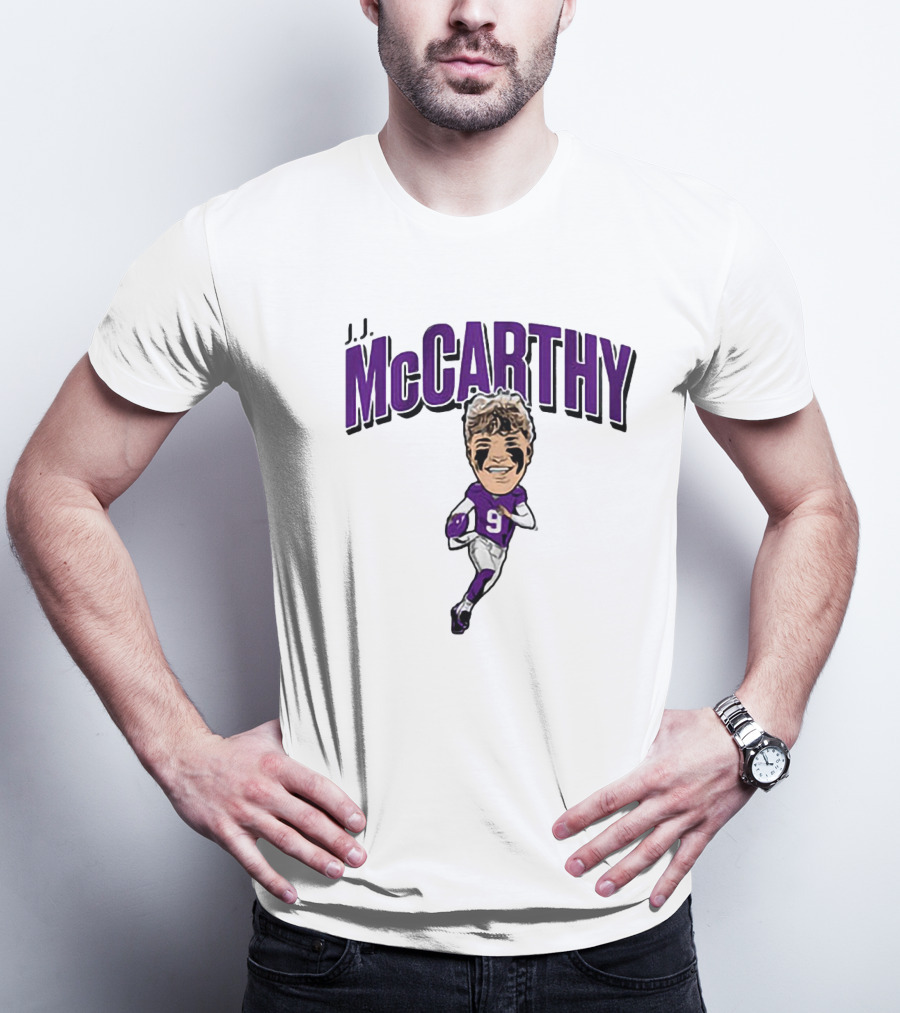 J.J. McCarthy 9 Running Quarterback Caricature T-Shirt