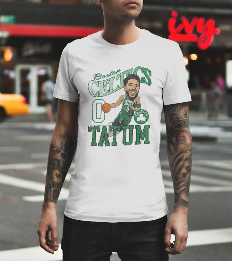 Boston Celtics Jayson Tatum Caricature Player New Era Green Basketball 0 Celtics Shamrock T-Shirt