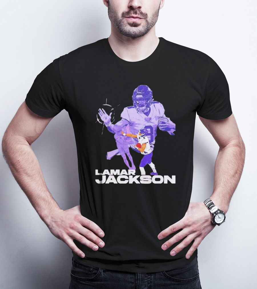 Lamar Jackson Baltimore Ravens NFL Stiff Arm Dynamic Action Play T-Shirt