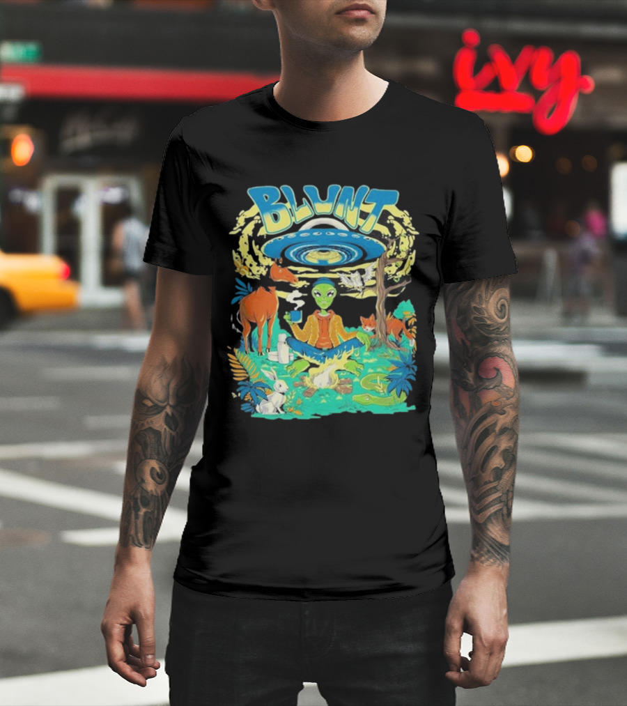 Blunt UFO Alien Smoking Forest Scene T-Shirt