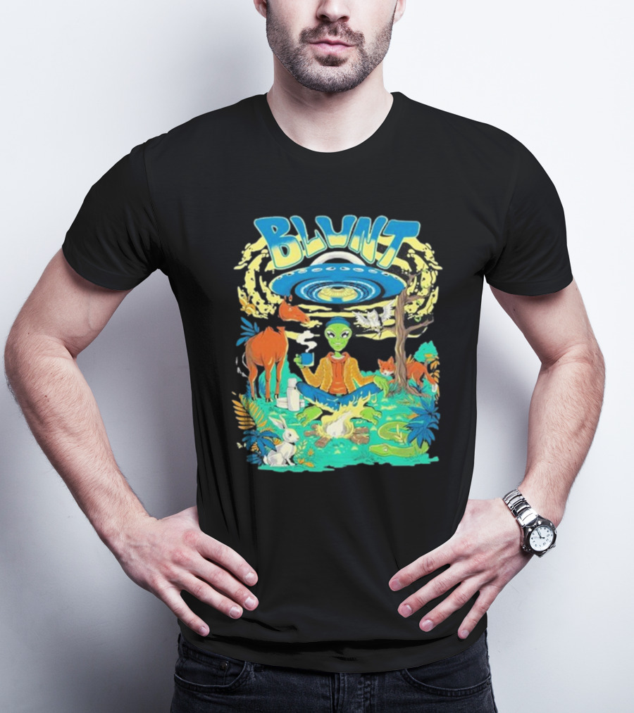 Blunt UFO Alien Smoking Forest Scene T-Shirt