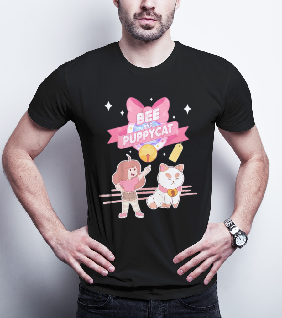 Bee And PuppyCat Cute Cartoon Characters With Pink Bow And Stars T-Shirt